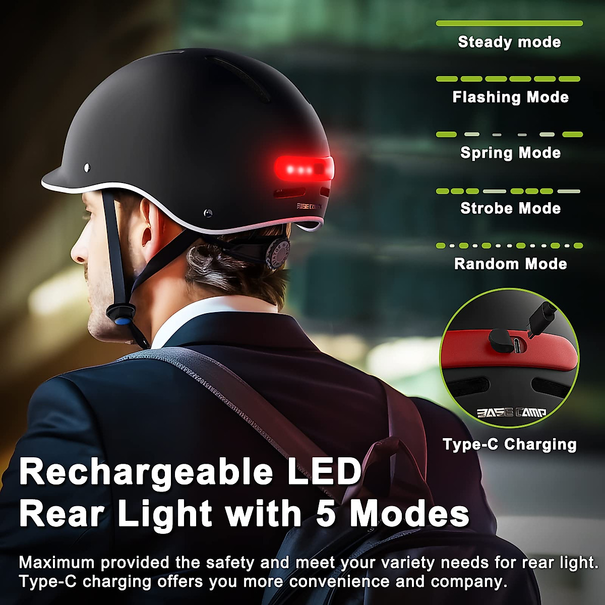 BASE CAMP BC-019 Adult Bike Helmet with Rechargeable Rear Light for Men & Women, Safety Certified Adjustable Urban Stylish Bicycle Helmet for Commuting, Skateboard, Scooter, Ebike