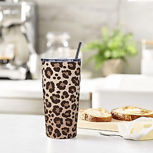 CHASOEA Leopard Tumbler 20oz Leopard Stainless Steel Insulated Tumblers with Lid and Straw Brown Travel Coffee Mug Tea Wine Cups Water Bottle Leopard Gifts for Women Leopard Lover