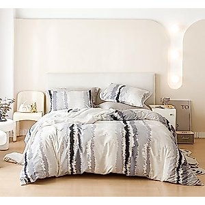 YuHeGuoJi Abstract Geometric Duvet Cover King 100% Cotton Gradient Striped Duvet Cover 3 Pcs Set 1 Black and White Stripe Duvet Cover with Zipper Ties 2 Pillowcases Neutral Wave Patterned Bedding