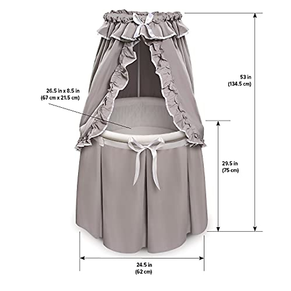 Empress Round Baby Bassinet with Bedding, Pad, and Storage