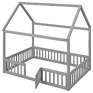 Eafurn Full Size House Bed with Fence Railings and Small Door, Solid Wooden Floor Platform Bed with Roof Design, Playhouse Bed Frame Easy Assemble for Kids, Teens, Girls, Boys