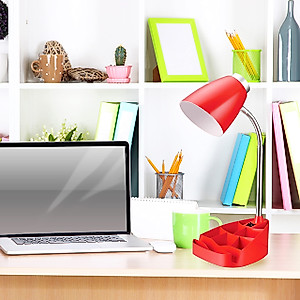 Simple Designs LD1002-RED Gooseneck Organizer Desk Lamp with iPad Tablet Stand Book Holder, Red