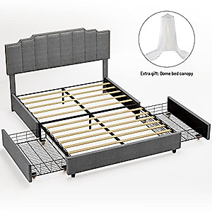 Origeture Queen Bed Frame with 2 Storage Drawers and Adjustable Headboard, Upholstered Linen Padded Platform Bed, Strong Wooden Slats Support, No Box Spring Needed, Easy Assembly, Noise-Free (Grey)