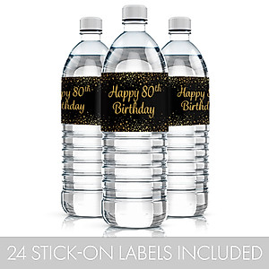 Black and Gold 80th Birthday Party Water Bottle Labels, 80th Birthday Decorations, Waterproof Stickers for Water Bottles - 24 Stickers