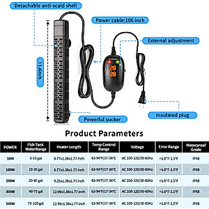 HiTauing Aquarium Heater, 50W/100W/200W/300W/500W Submersible Fish Tank Heater with Over-Temperature Protection and Automatic Power-Off When Leaving Water for Saltwater and Freshwater