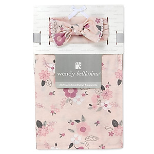 Wendy Bellissimo Super Soft Swaddle Receiving Blanket (35x40) with Hat or Headband for Baby Boy or Baby Girl (Pink Floral)