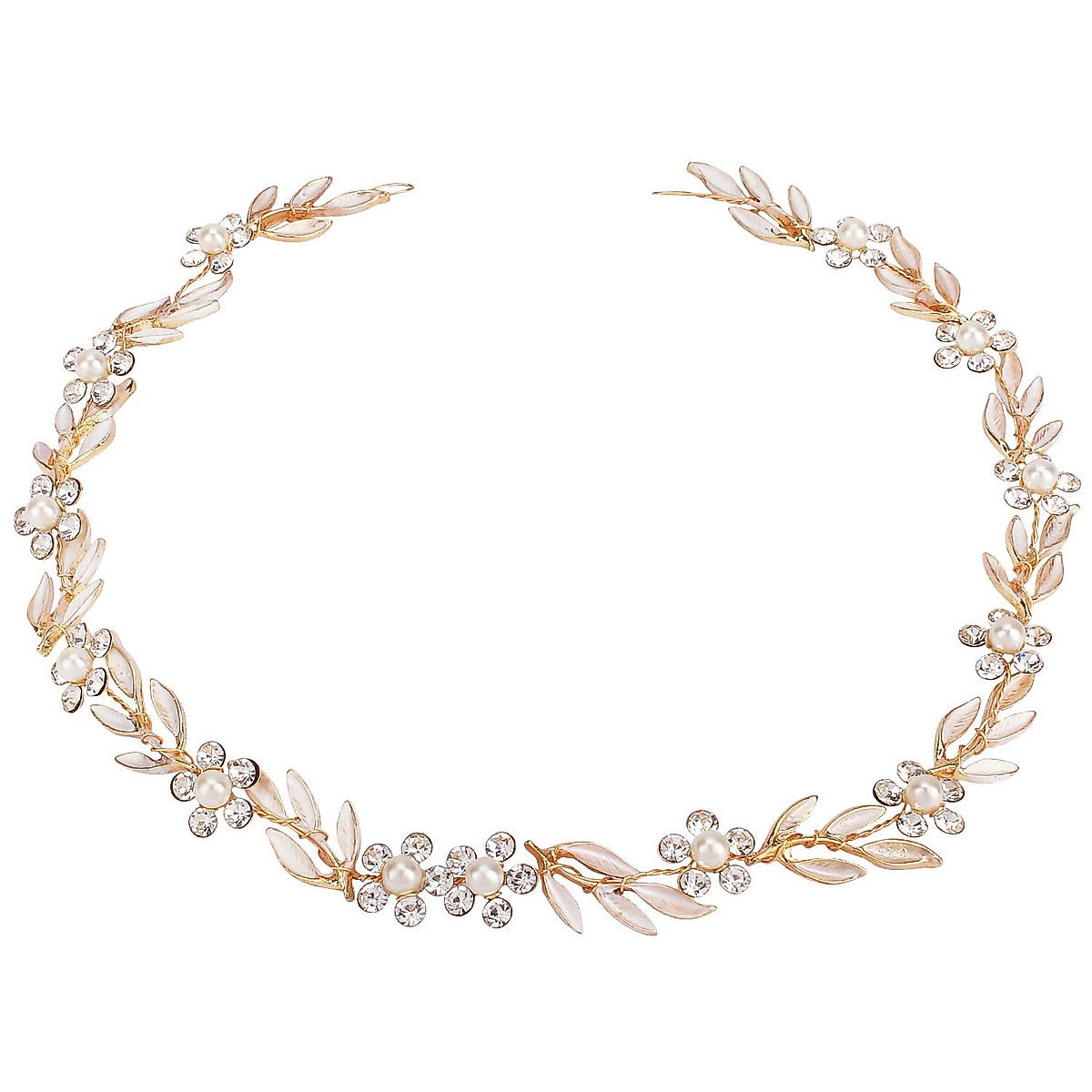 Didder Bride Leaf Pearl Crystal Gold Hair Vine Headband with Flowers - Wedding Bridal Headpiece Jewelry for Women and Girls
