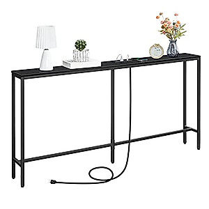 MAHANCRIS Console Table with Power Outlet, 63" Narrow Sofa Table, Industrial Entryway Table with USB Ports, Behind Couch Table for Entryway, Hallway, Foyer, Living Room, Bedroom, Black CTHB16E01