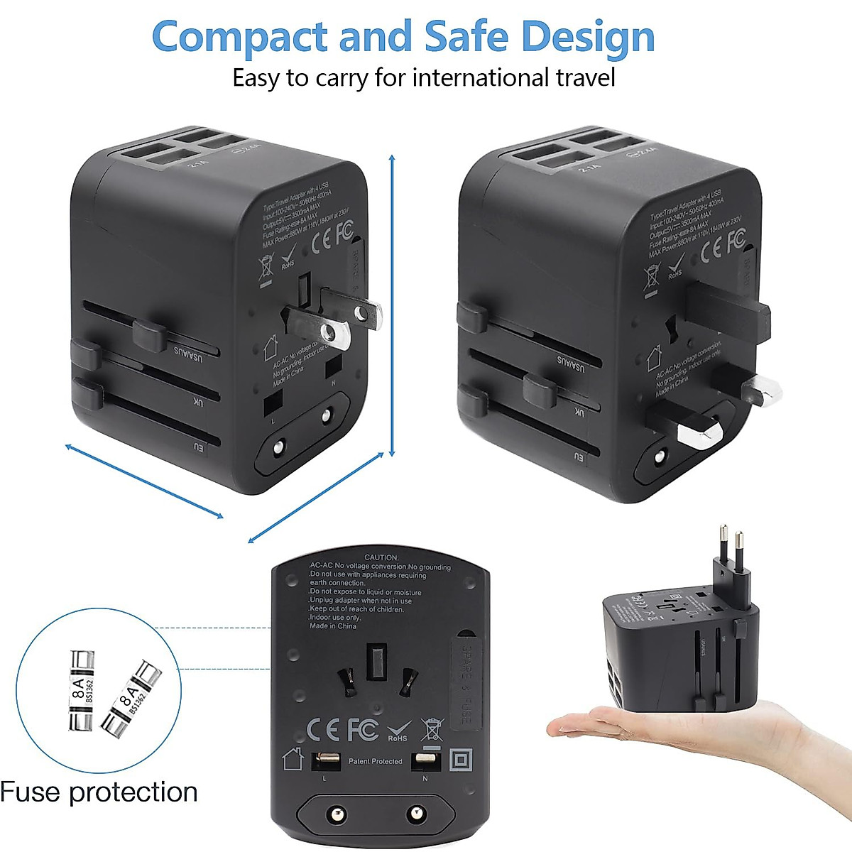 LOVE BEIDI Travel Essentials, International Travel Adapter for European US UK AUS JP, Universal Travel Adapter Plug Adapter Wall Charger with 4 USB Charging Ports for Men Women