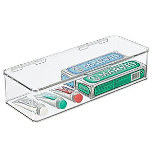 mDesign Long Plastic Bathroom Stackable Storage Organizer Box, Hinged Lid for Closet, Shelf, Cupboard, or Vanity, Hold Medicine, Soap, Lotion, Cotton Swabs, Masks, or Hair Styling Tools, 2 Pack, Clear