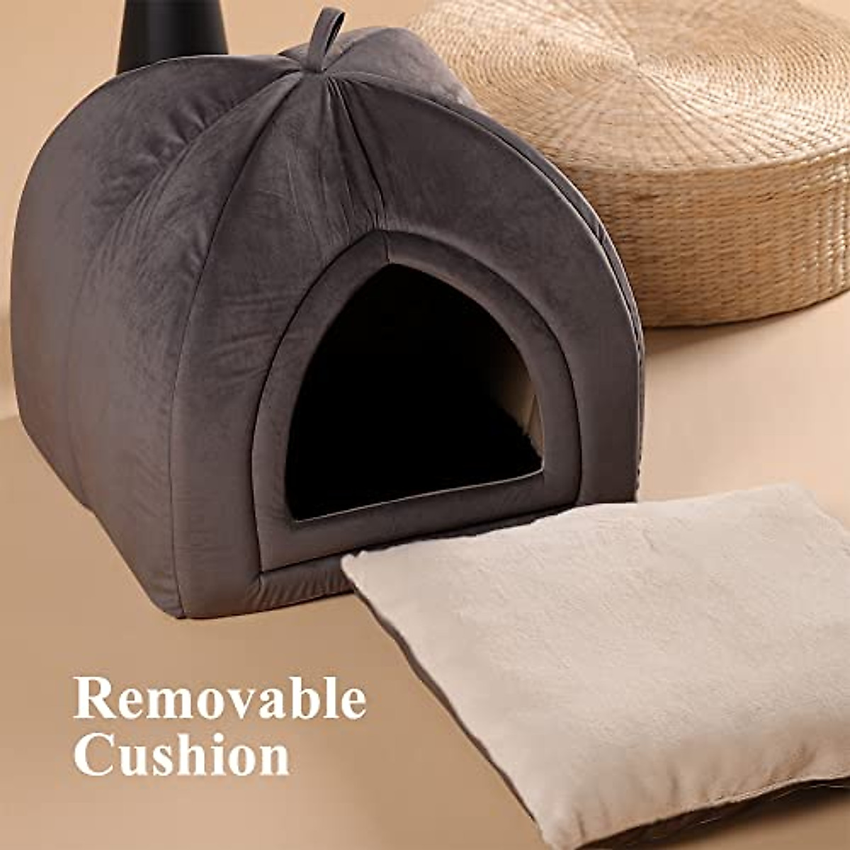 KASENTEX Cat Bed for Indoor Cats, 2-in-1 Cat House Pet Supplies for Kitten and Small Cat or Dog - Animal Cave, Cat Tent with Removable Washable Pillow Cushion (Dark Grey 15x15x15)