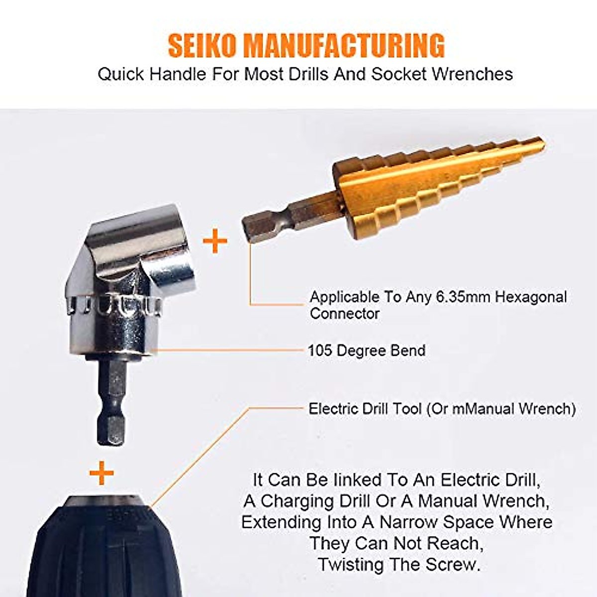 3Pcs 1/4 3/8 1/2" Hex Shank Drill Nut Driver Bit Set, Impact Grade Driver Sockets Adapter Extension Set Drill Bit, 105 Degree Right Angle Driver Extension Screwdriver Drill Attachment