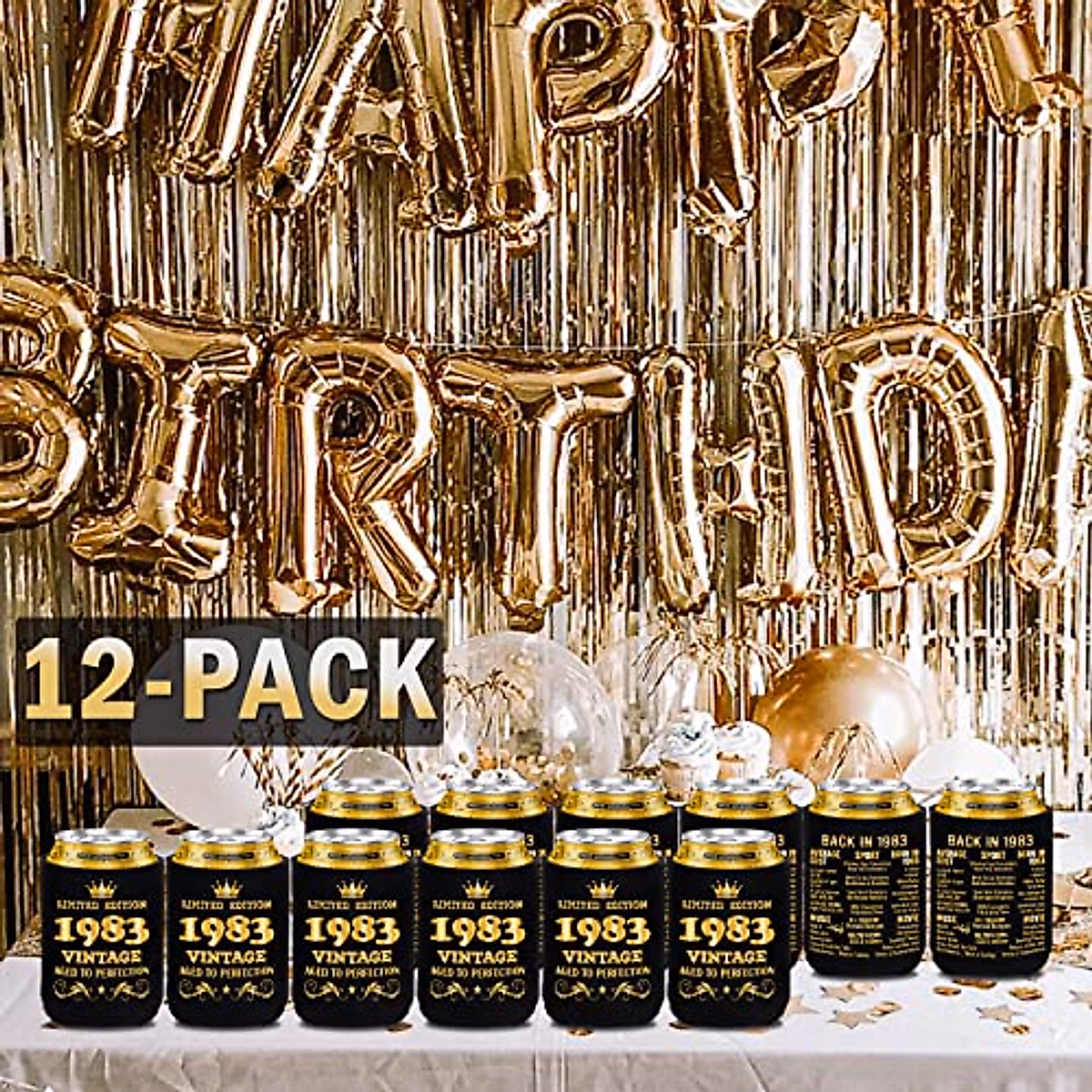 BackURyear 40th Birthday Party Decorations for Men Women, Funny 40th Birthday Party Supplies, 40 Years Old Forty Birthday Decor, 40th Birthday Party Cans Cooler Sleeves, Black&Gold/12 Pcs