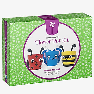 Pinwheel Crafts Flower Pot Kit - Set Comes with 3 Planters, 8 Paints, 2 Brushes & Much More - Paint Your Own Pot Set Garden Kit for Kids - Arts and Crafts for Kids Ages 4-8 (Original)