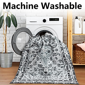 SAZAMI Bedroom Rugs, 4x6 Bohemian Vintage Tribal Area Rug, Soft Non-Slip Non-Shedding Machine Washable Floor Carpet for Living Room Kitchen Bathroom Home Office Dining Room Laundry Room, Grey