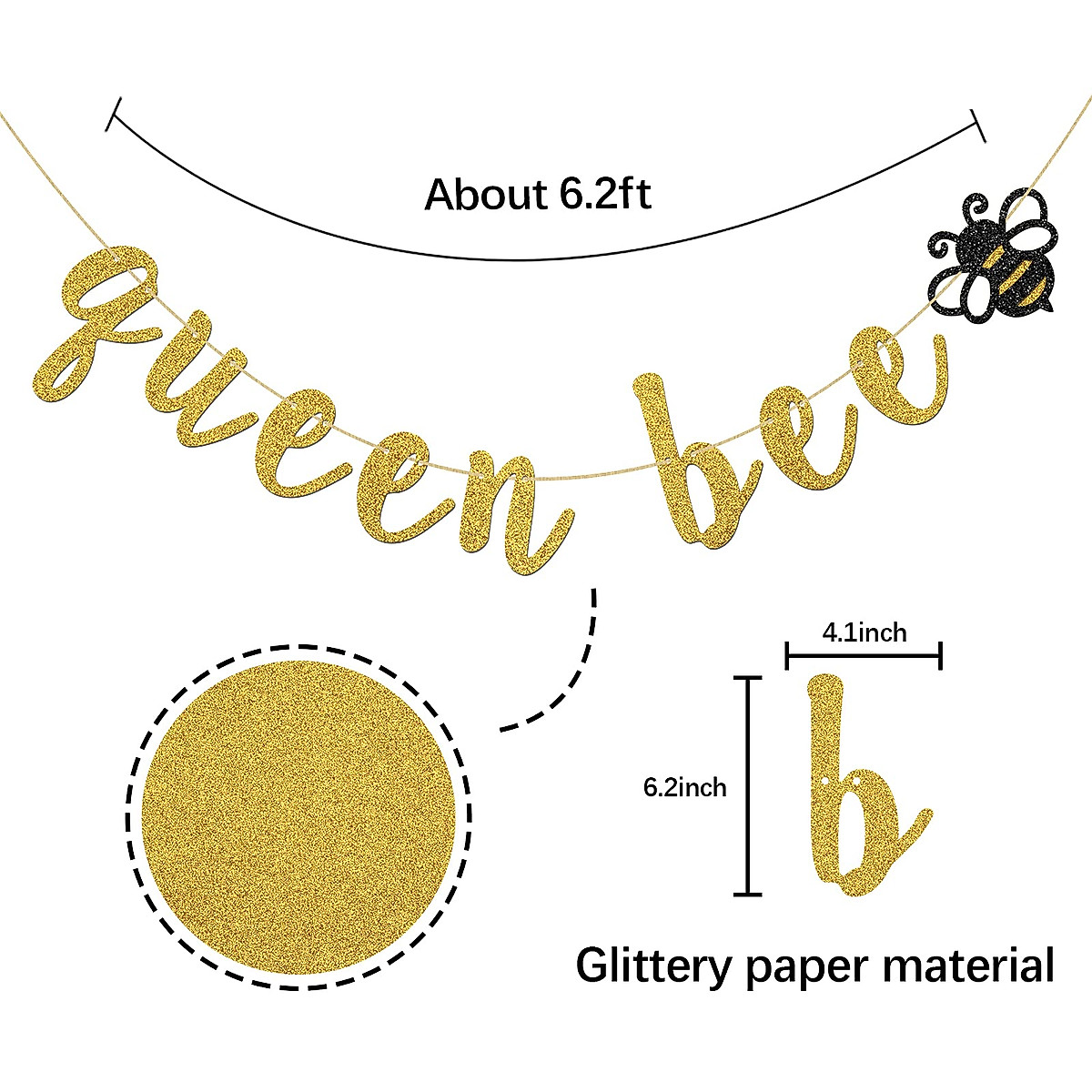 INNORU Queen Bee Banner, Bumble Bee Mom Birthday Party Decorations, Bee Party, Mommy to Be Sign Banner, Happy Birthday Mom Party Decoration Gold Glitter