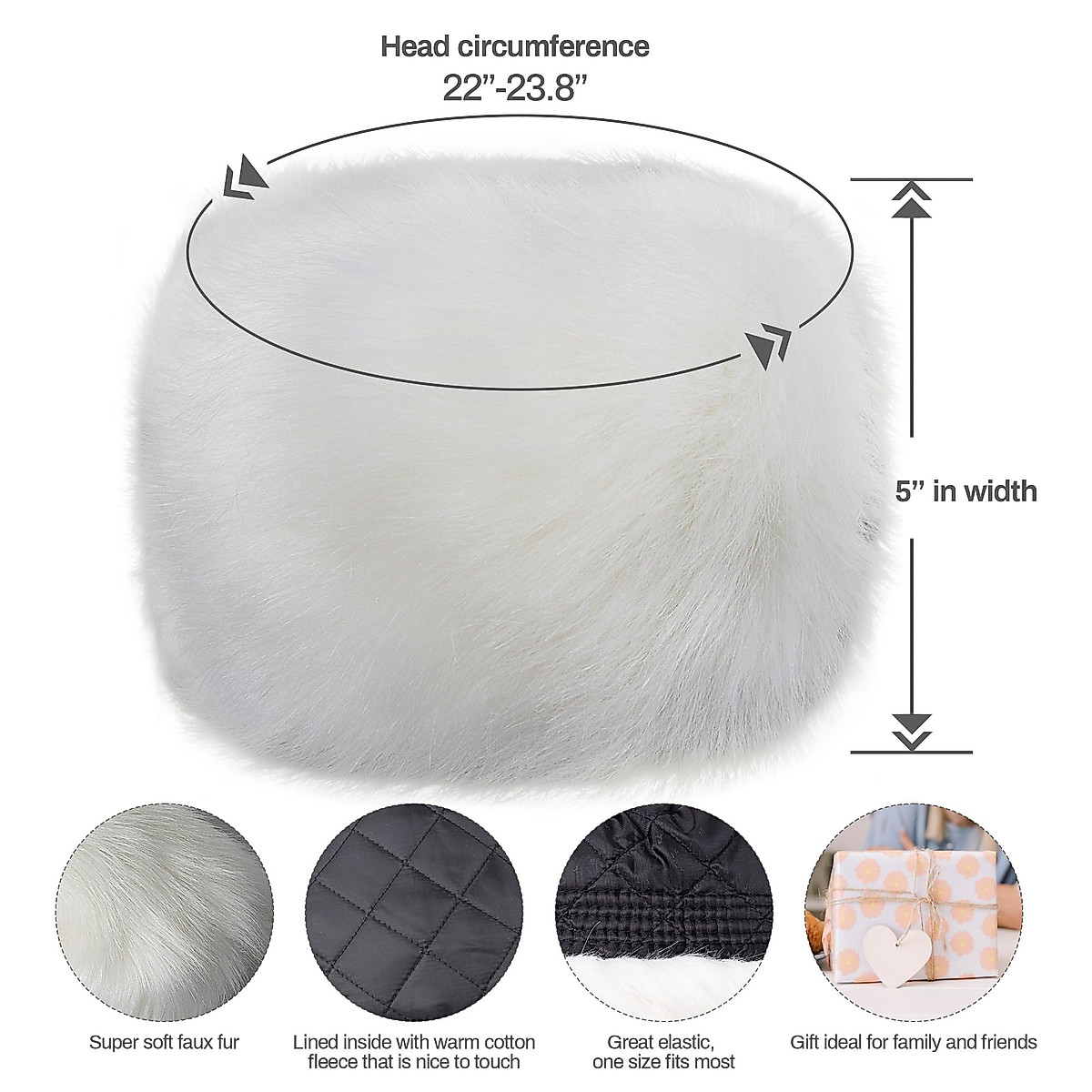 Dikoaina Faux Fur Cossack Russian Style Hat for Ladies Winter Hats for Women, White, Medium