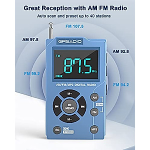 Greadio Radios Portable AM FM with MP3 Player,Best Reception Pocket Radio, Large LCD Screen and Easy to Use, 6 EQ Stereo,Earphone Jack Walkman Radio,for Jogging,Walking,Camping AM FM Radio