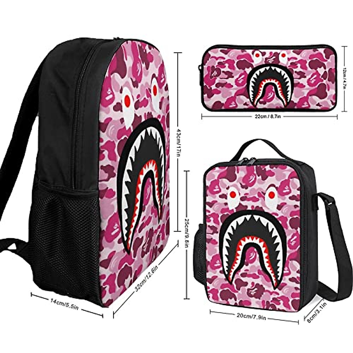 Shark Face Camo Pink Backpack Ba&p_e 3 Piece Set with Lunch Box Pencil Case Laptop Daypack Bookbag for School Travel