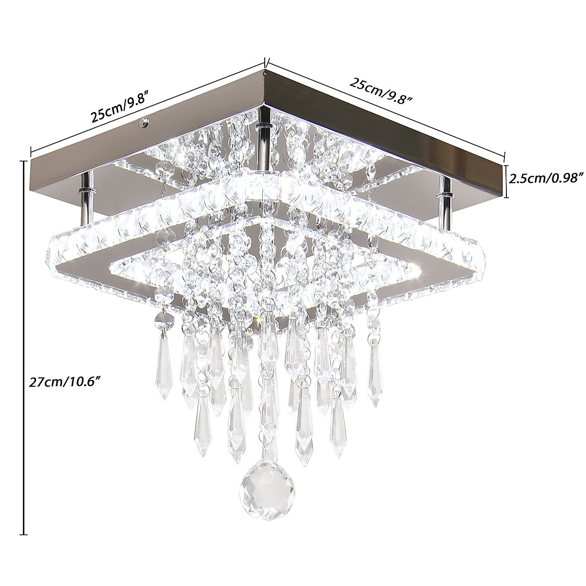 CXGLEAMING Square Crystal Chandelier Modern Crystal Ceiling Light Square LED Chandelier Flush Mount Ceiling Chandeliers for Dining Room Bedroom Hallway Closet (Cool White)