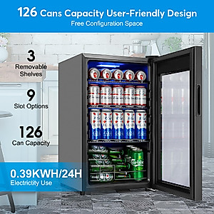 Beverage Refrigerator 17 inch Wide - 126 Can Beverage Cooler with Glass Door | Counter-Top/Freestanding Mini Beverage Beer Fridge | Temperature Memory | Invisible Door | Perfect for Soda,Beer