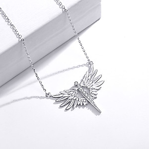 SVODEA Guardian Angel Pendant Necklace for Women 925 Sterling Silver Holy Sword Angel Wings Necklaces with 5A Cubic Zirconia Anniversary Birthday Jewelry Gift for Women
