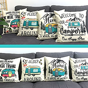 OCCdesign Set of 4 Camper Decor Rv Travel Trailer Decoration for Inside Camping Pillow Cover for Bedding Sofa Couch (Welcome to Our Camper)