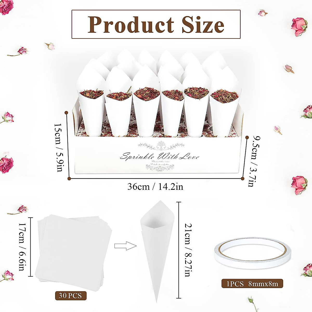 Bekecidi 30 Pieces biodegradable confetti Cones and Stand Tray Paper Cone Box 30 Holes Suitable Placing Dried Flower Petals Confetti for Wedding, Engagement, Party, Birthday (White)