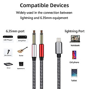 Lightning to Dual 6.35mm 1/4" TS Mono Stereo Y-Cable Splitter Lightning to Dual 1/4 inch Audio Cable Compatible for iPhone12/11/X/XS/XR/8/7/iPad,Amplifier, Speaker, Headphone, Mixing Console 6.6Feet
