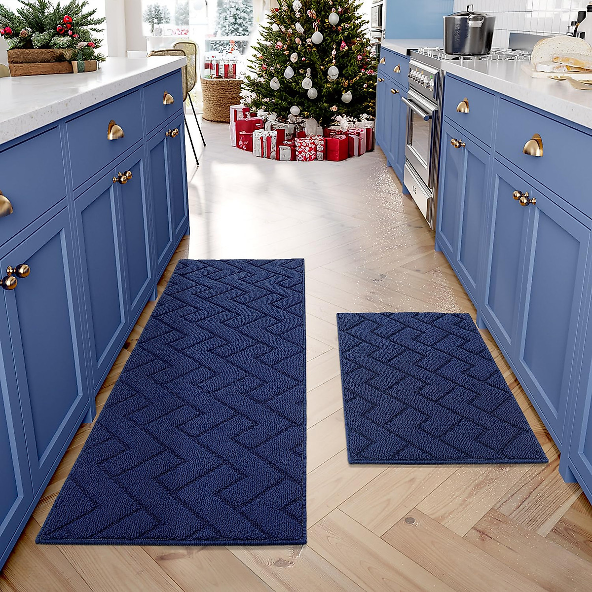 hicorfe Kitchen Rugs and Mats Sets,2 Pieces Super Absorbent Polypropylene Non-Slip Rug,Soft Comfort Floor Mat,Washable for Kitchen,Hallway,Office,Sink,Laundry(20" x 31.5"+20" x 48",Navy Blue)