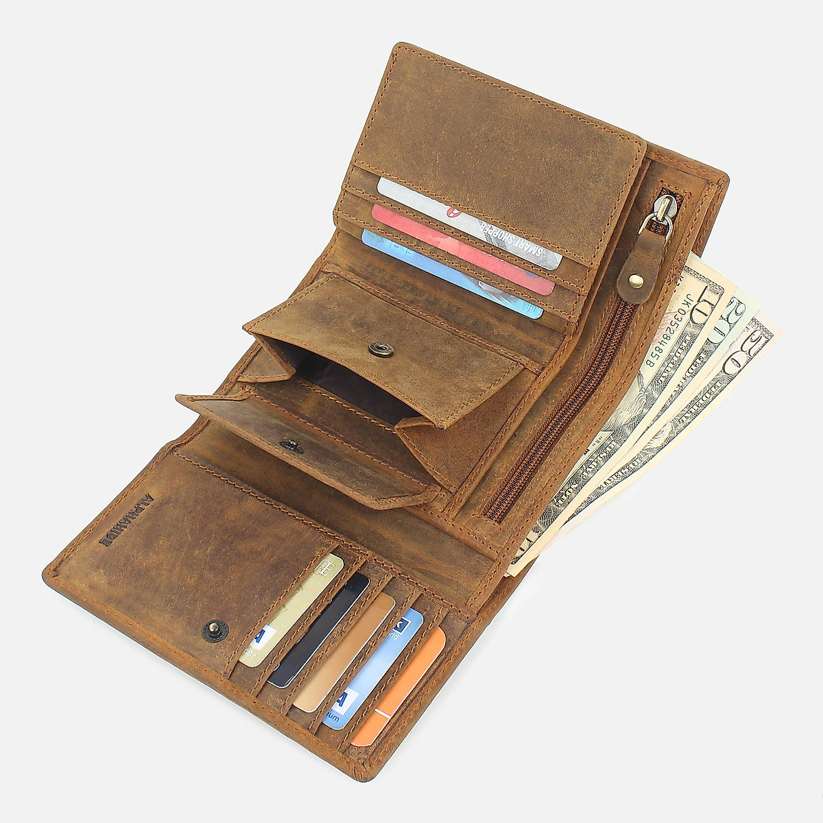 AlphaHide RFID Blocking Ladies Wallet - Credit Card Wallet for Women - Trifold Wallets for Girls - Crazy Horse Genuine Leather - Large Coin Pocket - Two ID Windows - Gift Boxed