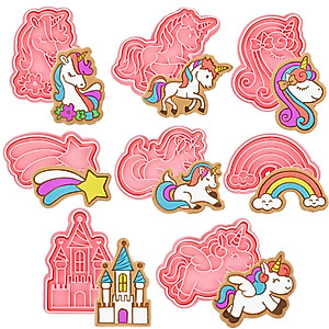 8 Pcs Unicorn Cookie Cutters with Plunger Stamps Set Unicorn Shape Embossing Cookie Stamp Pink Animal Unicorn Cracker Mold 3D Cookie Stamped Embossed Kitchen Bakeware Tool for Party Supply