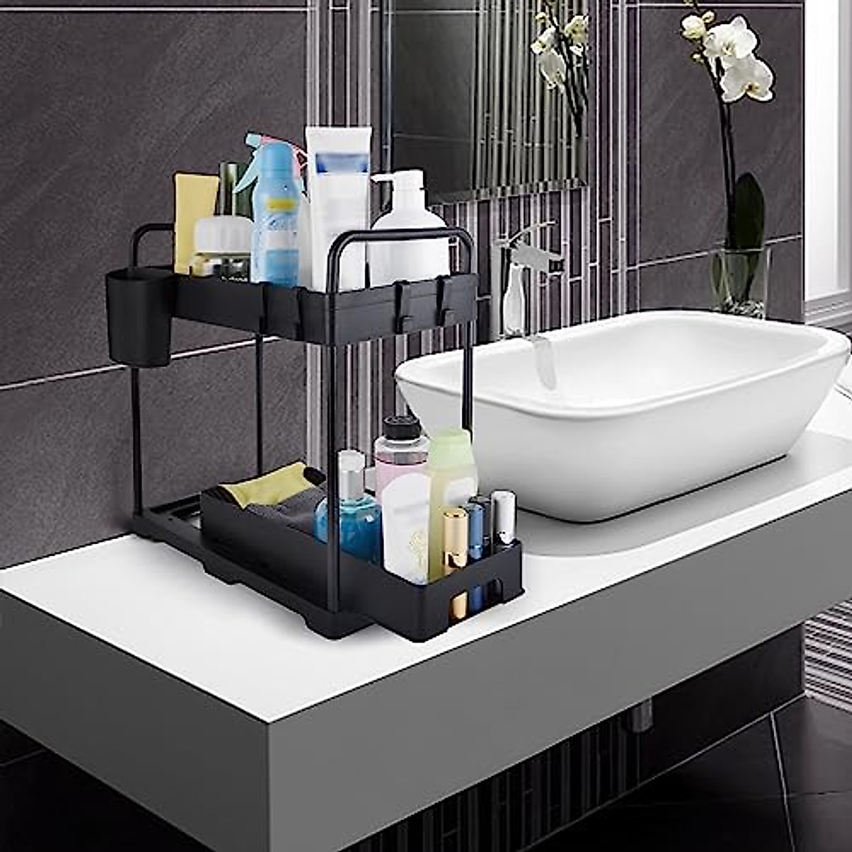 2 Pack Under Kitchen Sink Organizers Storage, 2-Tier Sliding Under Bathroom Cabinet Storage Drawer Organizer with Hooks, Hanging Cup, Handles, multi-purpose Under Sink Shelf Organizer, Black