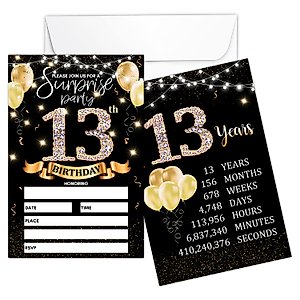 13th Birthday Party Invitation Card - Black Gold Invites with Birthday Sign Printing On The Back Double-Sided Fill-in Invites - 20 Cards with Envelopes for Party Favors - srgold-A02