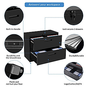 Rockjame Lateral Filing Cabinet, 2 Drawer Metal Lockable File Cabinet for Commercial Grade Office Legal and Letter File (Black)
