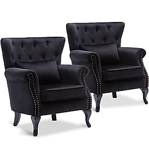 LZAREAL Accent Reading Arm Chairs Set of 2 for Living Room Bedroom, Midcentury Modern Comfy Corner Sofa Chair, Wingback Waiting Room Club Chair with Button Tufted Back &Lumbar Pillow, Velvet Black