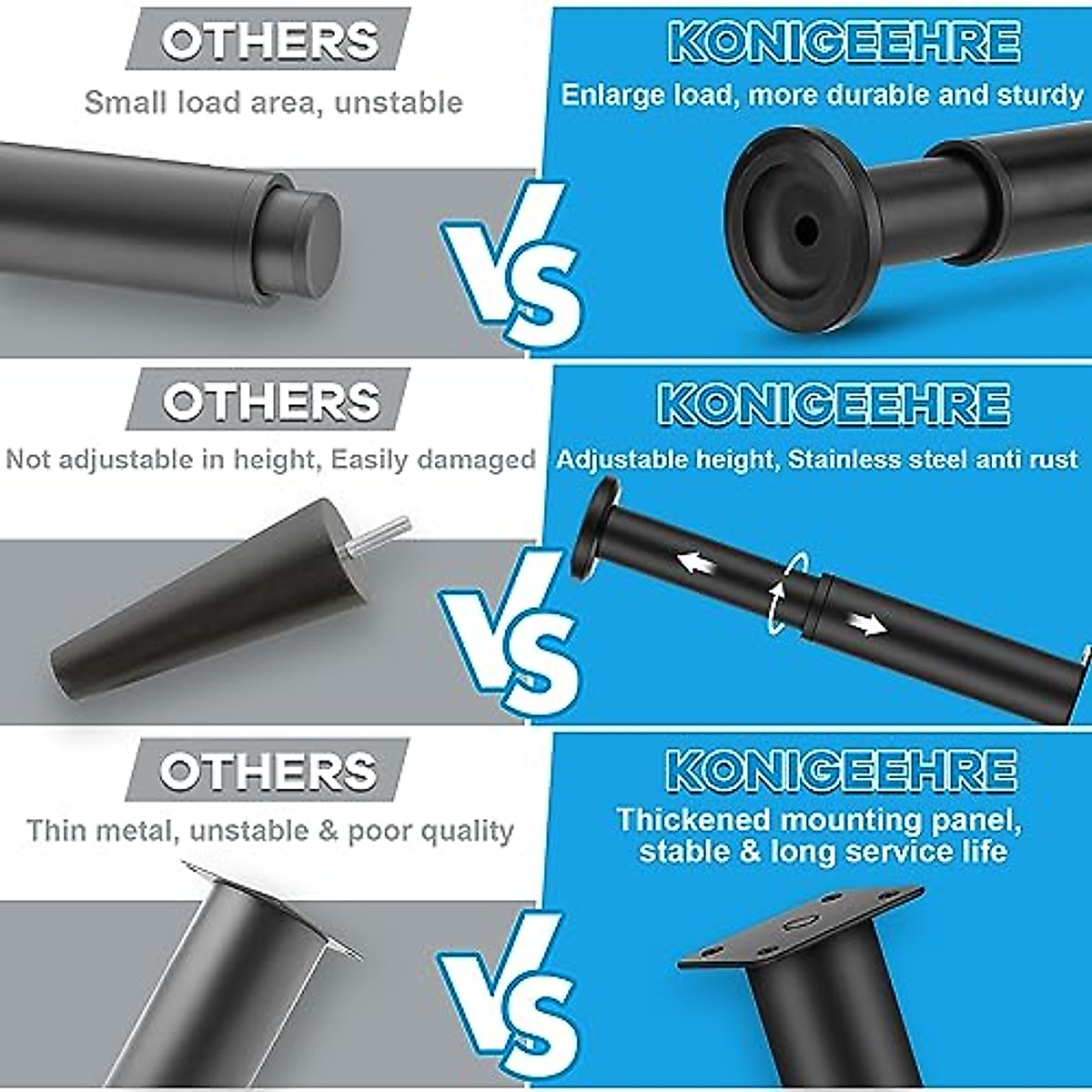 KONIGEEHRE [Upgraded 4 PCS Metal Adjustable Furniture Legs 7-11.8 inch, Heavy Duty Cabinet Legs Extension for Couch/Bed/Desk/Sofa/Table/Chair/Dresser, Replacement Legs for Furniture –Black