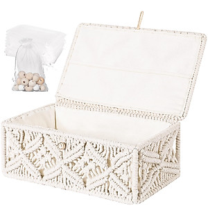 ANMINY Macrame Storage Basket with Lid & 25Pcs Organza Gift Bags Bohemian Jewelry Box Handmade Woven Natural Cotton Rope Lidded Bin Decorative Desktop Organizer Countertop Tank Shelf Cabinet Container