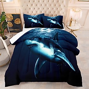 NINENINE Boys Blue Shark Bedding Sets Twin Size for Teens Kids,Boys Navy Blue Comforter Fish Ocean Bed Set-Includes 1 Comforter with Matching Pillowcase