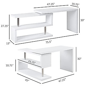 HOMCOM 360 Degree Rotating Corner Computer Desk, L Shaped Desk, Home Office Workstation with 3-Tier Storage Shelves, White