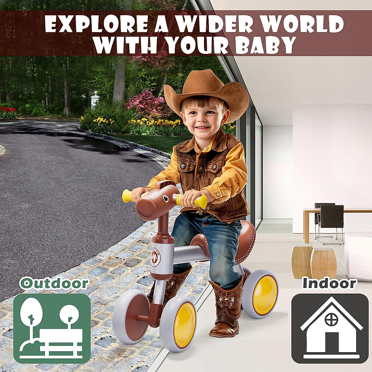 PerKidern Baby Balance Bike for 1-2 Year Old Boy Girl, Balance Bike for 12-24 Months 4 Wheels Toddler Balance Bike, Baby Bike 1+ Years Toy First Birthday Gifts (brown)