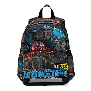Glaphy Red Blue Monster Trucks Car Kids Toddler Backpack for Boys Girls, Children Bag Preschool Bookbag with Chest Strap for Daycare Kindergarten Travel