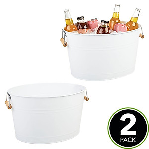 mDesign Large Metal Beverage Tub Oval Cooler for Beer, Wine, Ice, and Drinks - Portable 4.75 Gallon/18 Liter Cold Drink Trough for Parties - Steel Bin Bucket Stand with Bamboo Handles, 2 Pack, White
