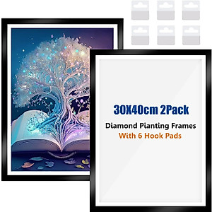 RICUVED Diamond Art Frames, 2 Pack Frames for Diamond Art Pictures 30x40cm Canvas Size, Magnetic Diamond Art Frames Self-Adhesive Frames for Wall Window Door with 6 Hook Pads, Black