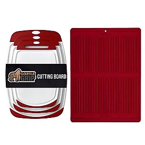 Gorilla Grip Cutting Board Set of 3 and Silicone Dish Drying Mat, Both in Red Color, Cutting Boards are Reversible, Slip Resistant Drying Mat is Size 16x12, 2 Item Bundle
