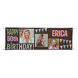 Let's Make Memories Personalized Photo Birthday Banner - Birthday Party Decor - Pink - Time Flies Vinyl Banner - 6 feet