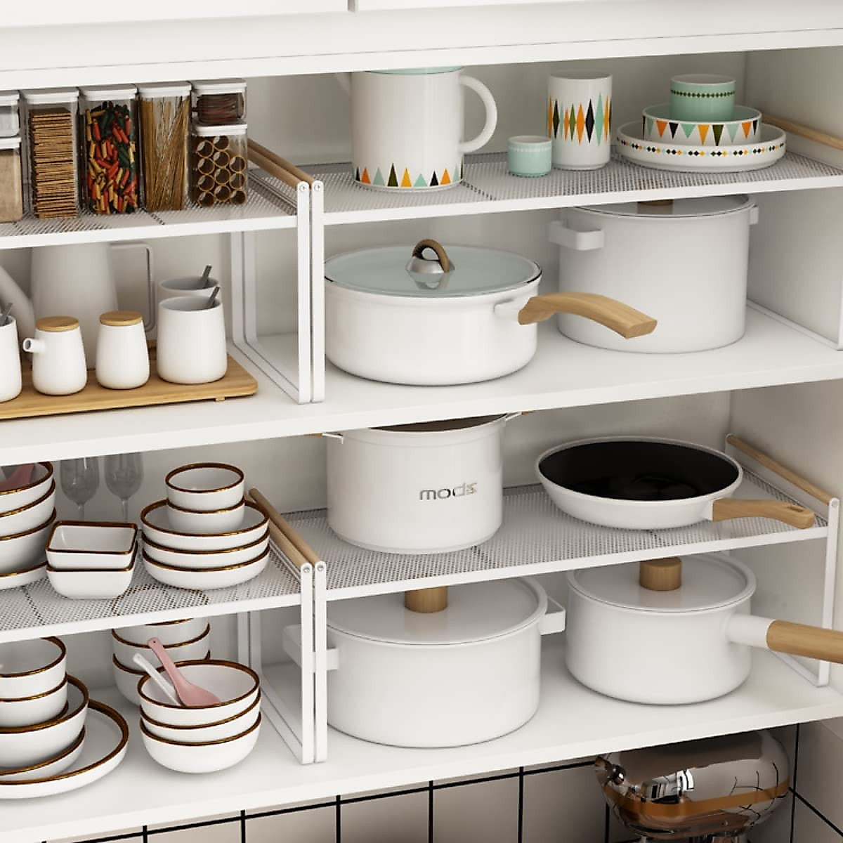 Ymeibe 2 Pack Cabinet Shelf Mesh Storage Organizer Stackable Countertop Racks for Kitchen Pantry Cupboard Under Sink Office Table Coated Heavy Duty Metal Frame Nonslip L16 W8.3 H9.5 (Black)