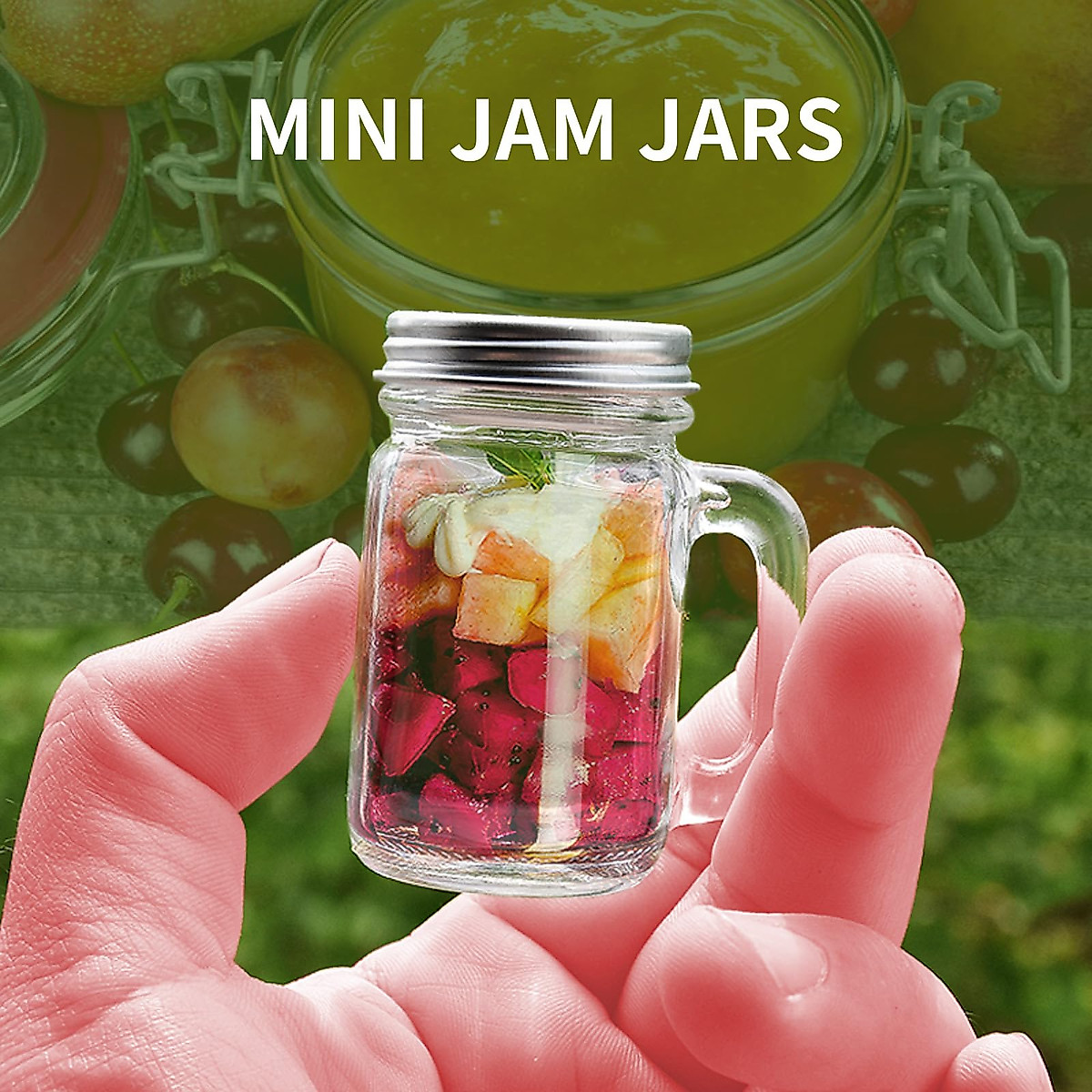 eispap Mini Mason Jar with Handles,1.7oz/50ml,Premium Shot Glasses with Leakproof Lids for Drink,Dessert,Condiments,Jams,Candle,Craft (12)