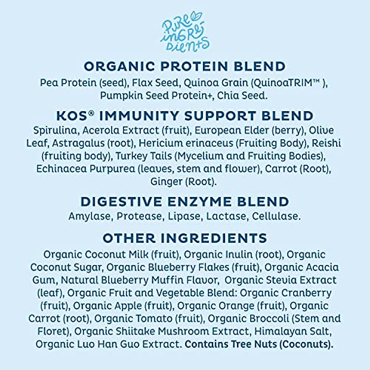 KOS Plant Based Protein Powder, No Erythritol, Blueberry Muffin - Organic Pea Protein Blend, Superfood with Spirulina & Immune Support Blend - Dairy Free, Meal Replacement for Women & Men, 15 Servings
