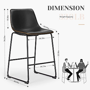 Bar Stools Set of 2, Counter Height Bar Stools with Back, 26 inch Armless Industrial Faux Leather Barstools with Metal Legs and Footrest, Modern Dining Chairs for Home Kitchen Island, Black